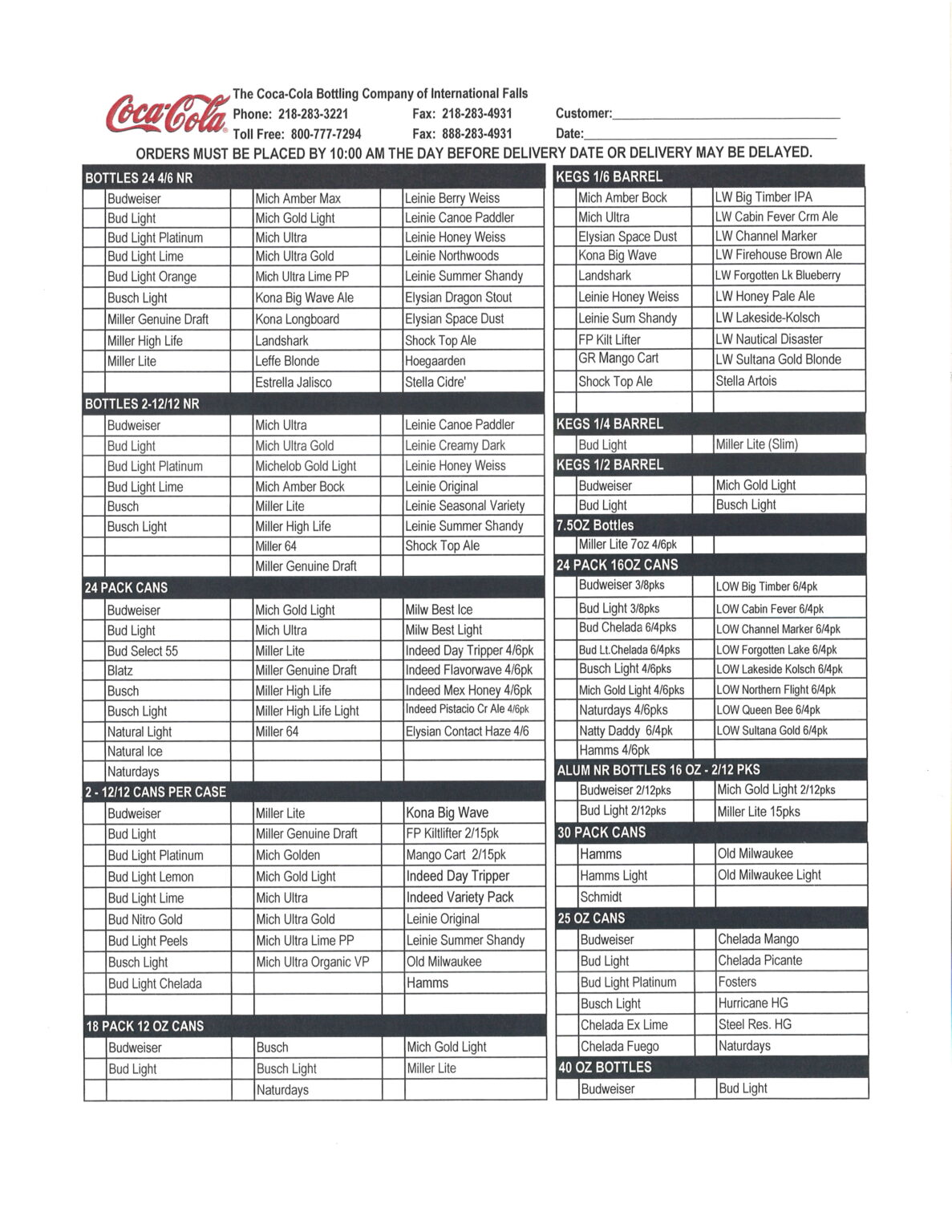 Beer Order Form – Coca-Cola Bottling Company of International Falls