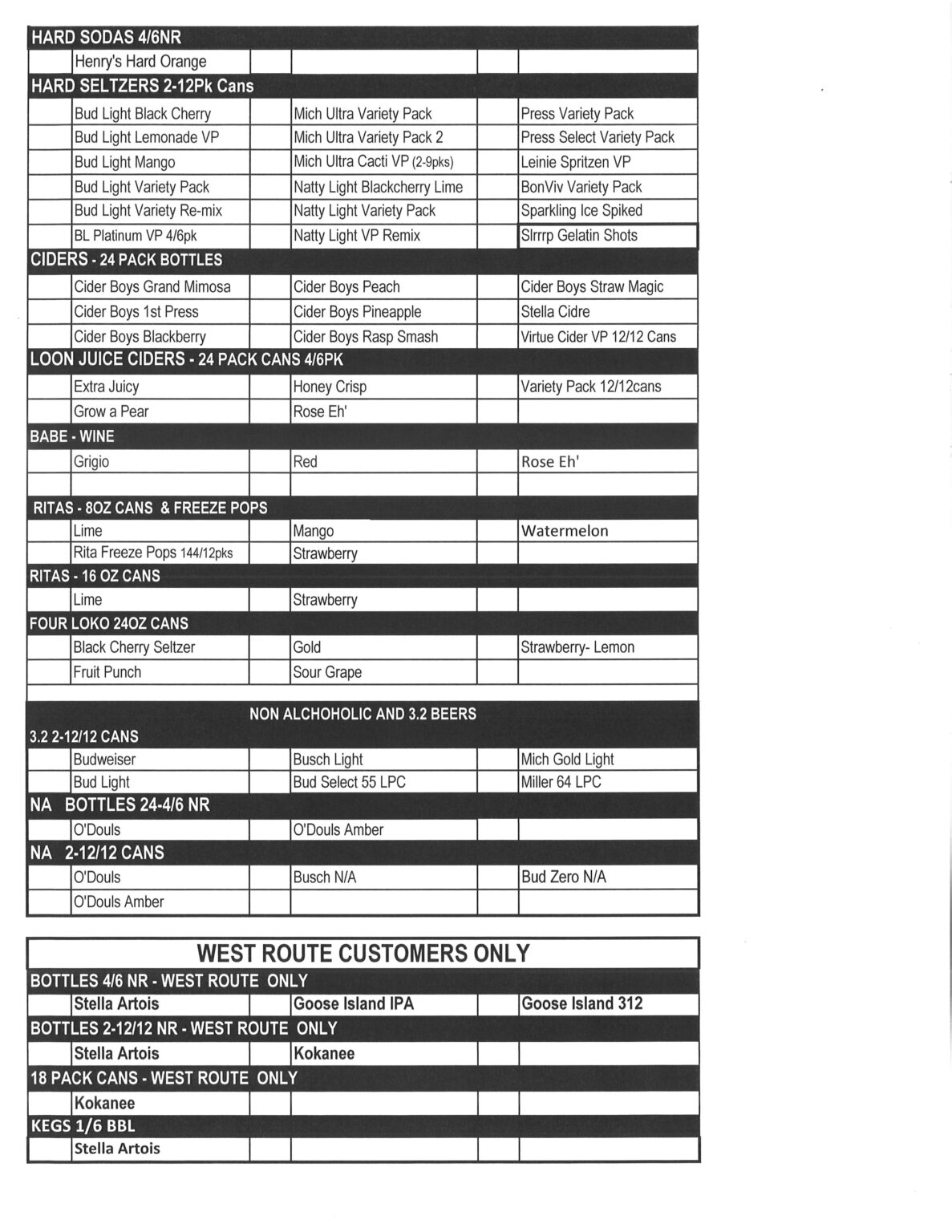 Beer Order Form – Coca-Cola Bottling Company of International Falls